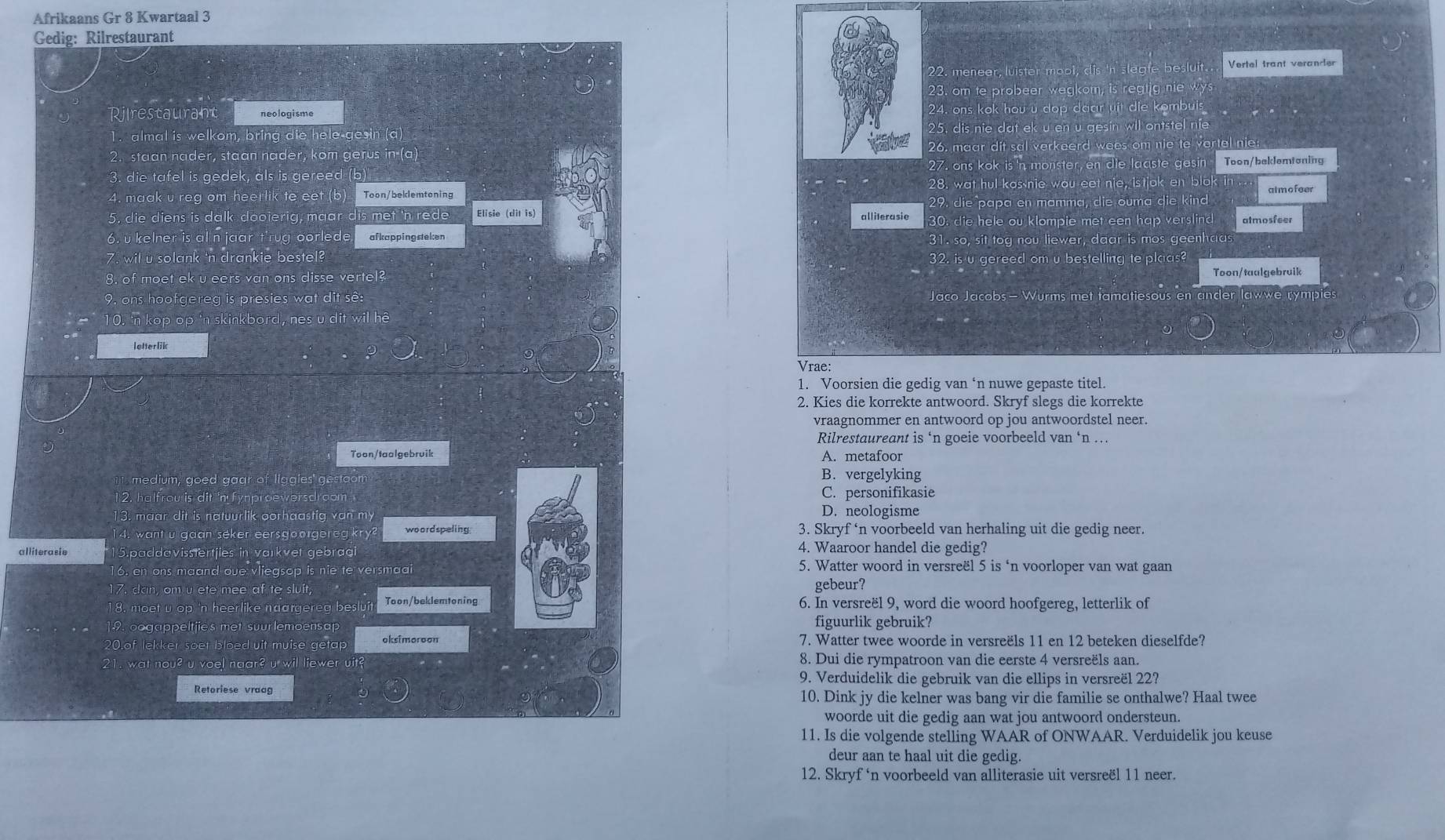 Solved: Afrikaans Gr 8 Kwartaal 3 Gedig: Rilrestaurant 22. meneer ...