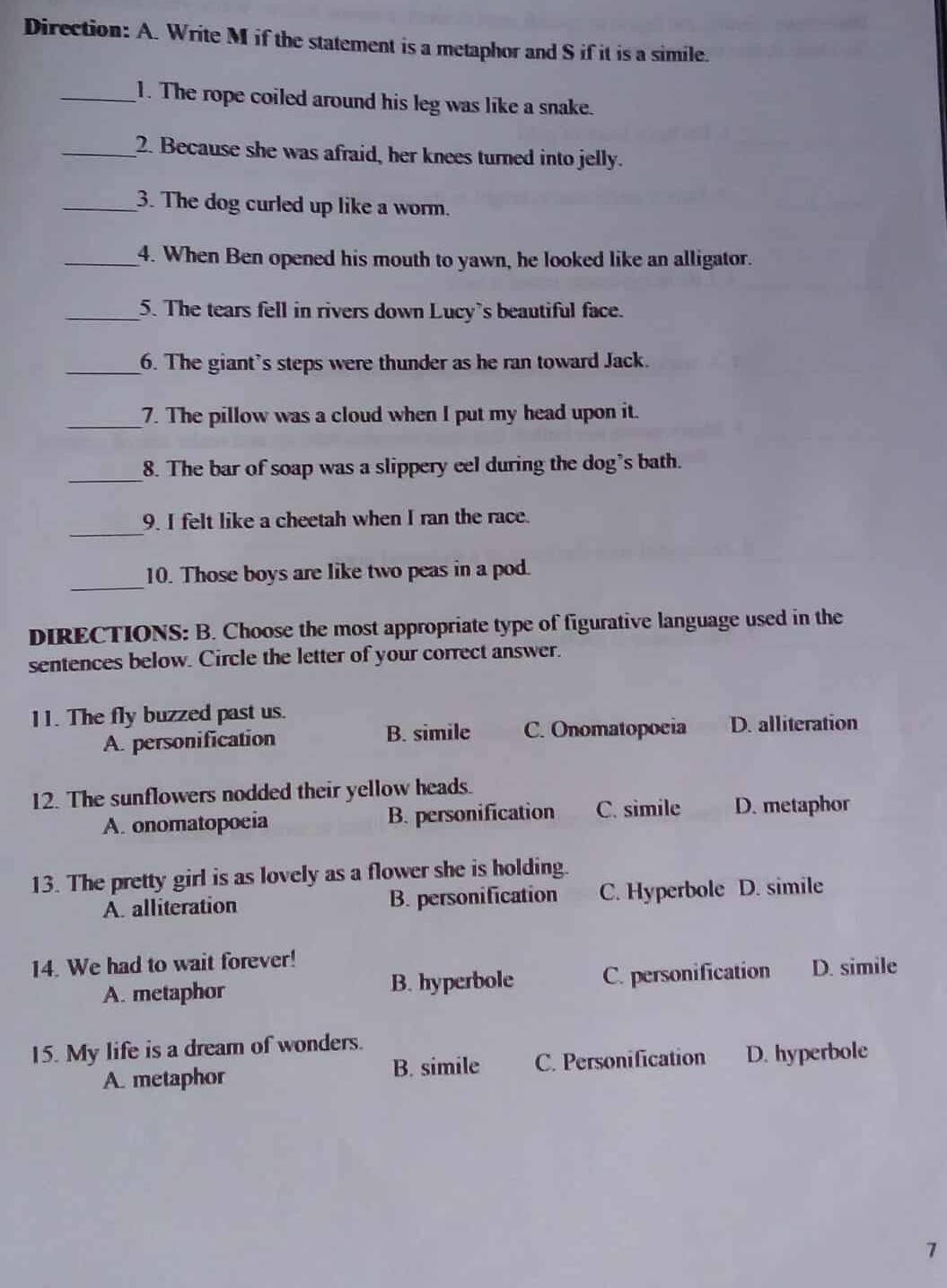 Solved: Direction: A. Write M if the statement is a metaphor and S if ...