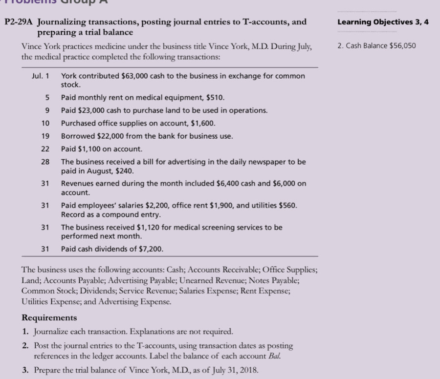 Solved: P2-29A Journalizing transactions, posting journal entries to T ...