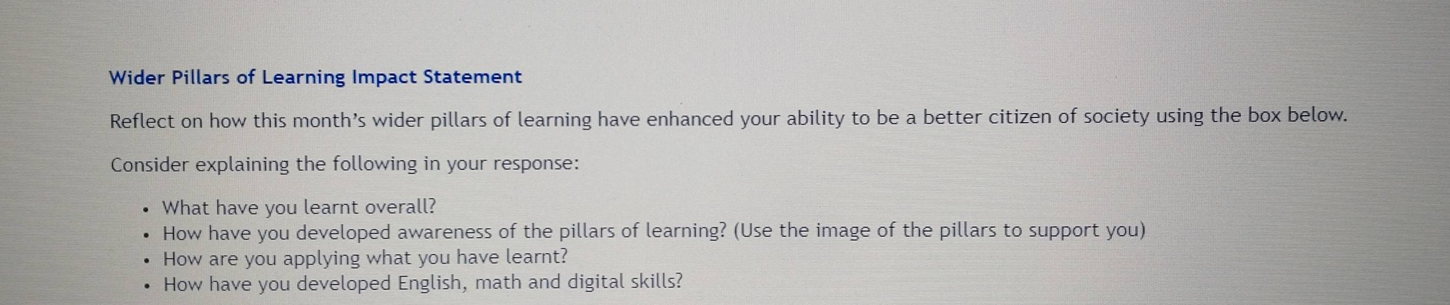 Solved: Wider Pillars of Learning Impact Statement Reflect on how this ...