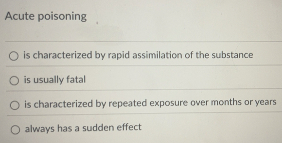 Solved: Acute poisoning is characterized by rapid assimilation of the ...