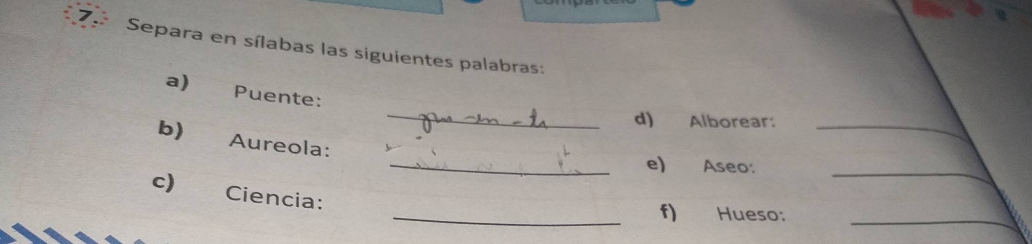 Resuelto:Separa en sílabas las siguientes palabras: _ a) Puente: d ...