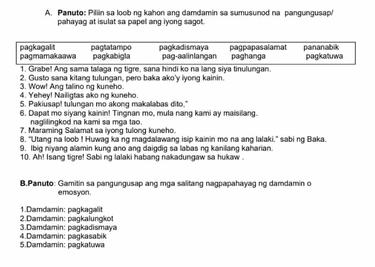 Solved: Panuto: Piliin sa loob ng kahon ang damdamin sa sumusunod na ...