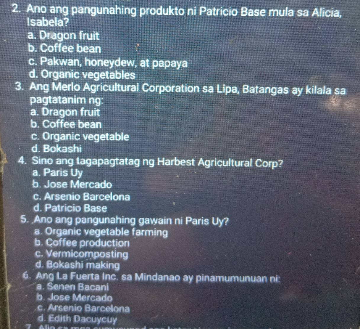 Solved: Ano ang pangunahing produkto ni Patricio Base mula sa Alicia ...