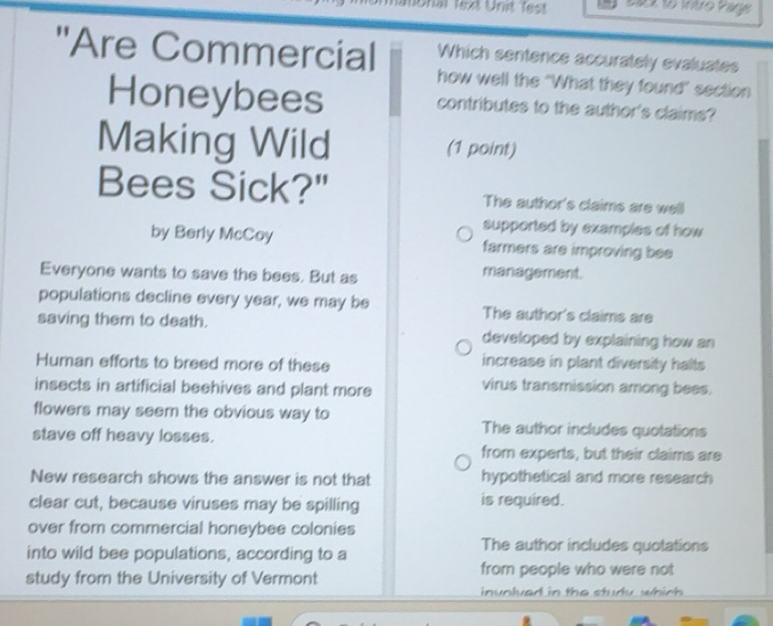 Solved: Unal text Unit fest Scz 1 Vitro Varge Which sentence accurately ...