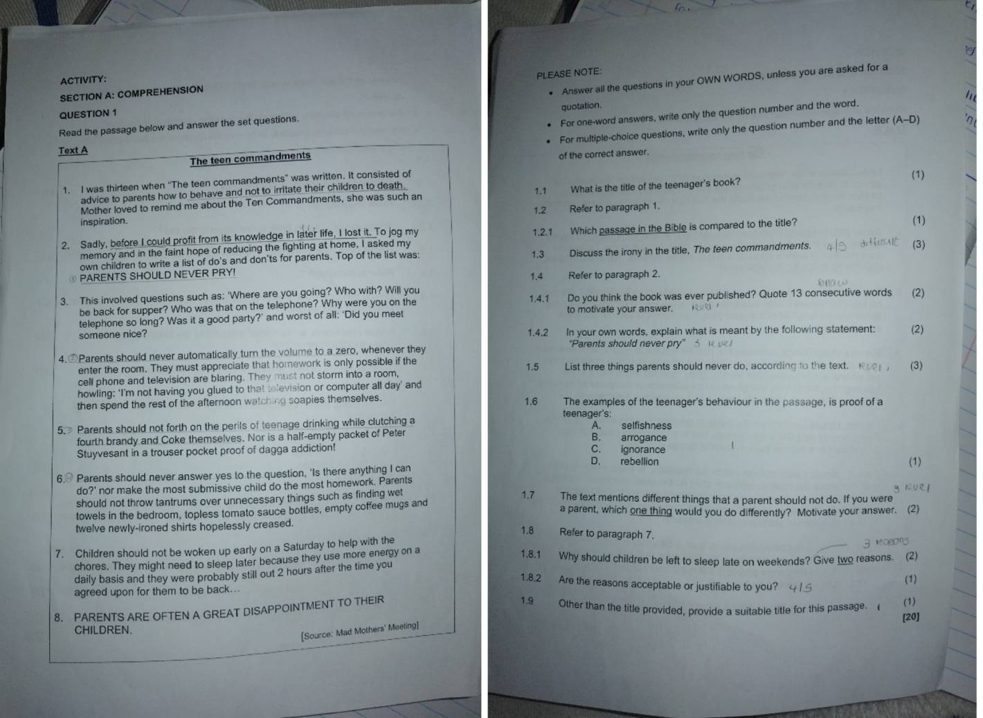 Solved: ACTIVITY: PLEASE NOTE: SECTION A: COMPREHENSION Read the ...