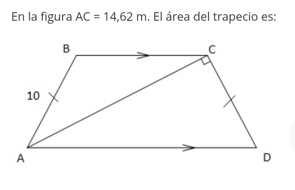 Resuelto:En la figura AC=14,62m. El área del trapecio es: