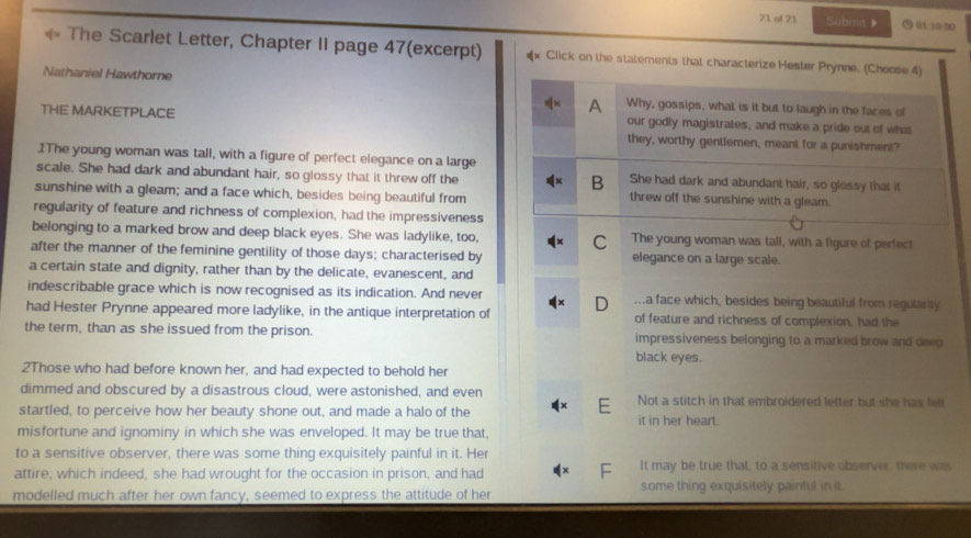 Solved: ol 21 Subi》 ⑤01 30 00 The Scarlet Letter, Chapter II page 47 ...