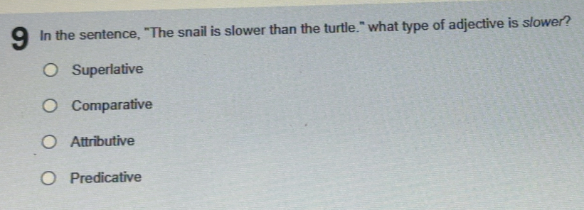 Solved: In the sentence, "The snail is slower than the turtle." what ...