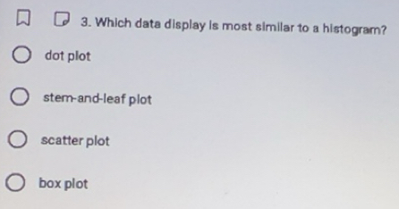 Solved: Which data display is most similar to a histogram? dot plot ...