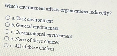 Solved: Which environment affects organizations indirectly? a. Task ...