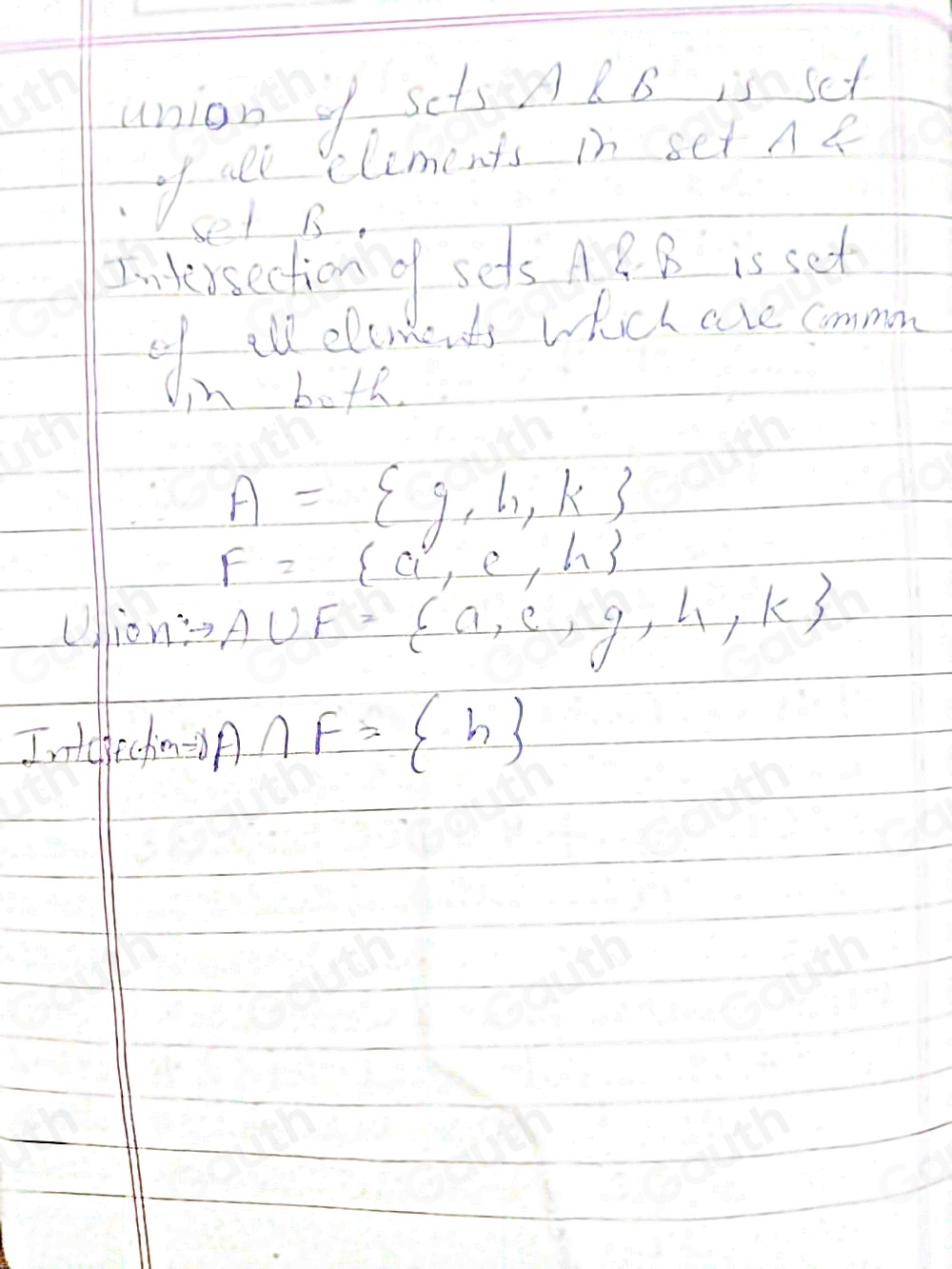 Solved: A= g,h,k F= a,e,h Find the union of A and F. Find the ...