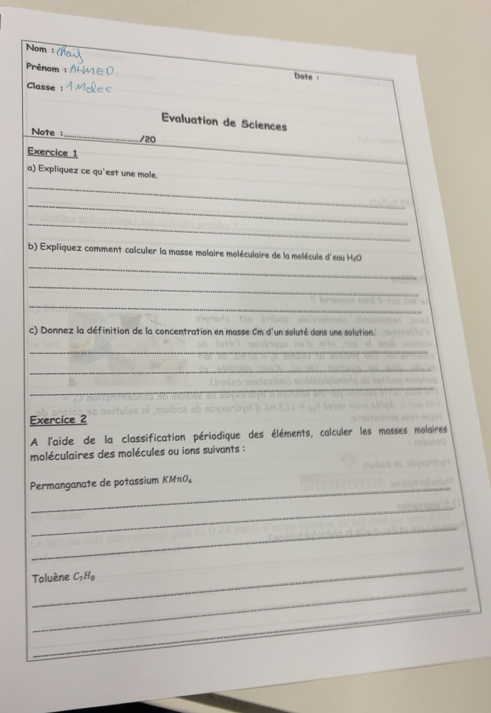 Résolu :Nom : Prénom Date : Classe : Evaluation de Sciences Note : _/20 ...