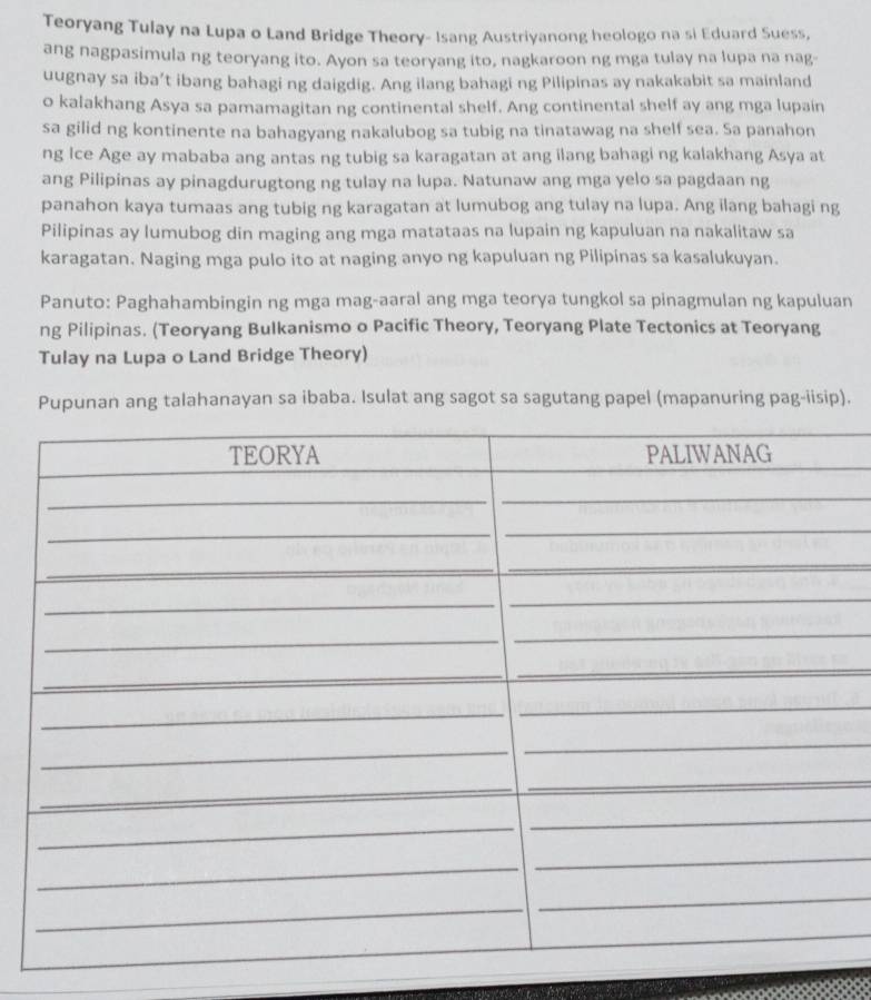 Solved: Teoryang Tulay na Lupa o Land Bridge Theory- Isang Austriyanong ...