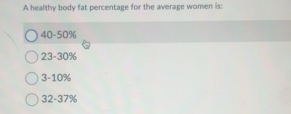 Solved: A healthy body fat percentage for the average women is: 40-50% ...