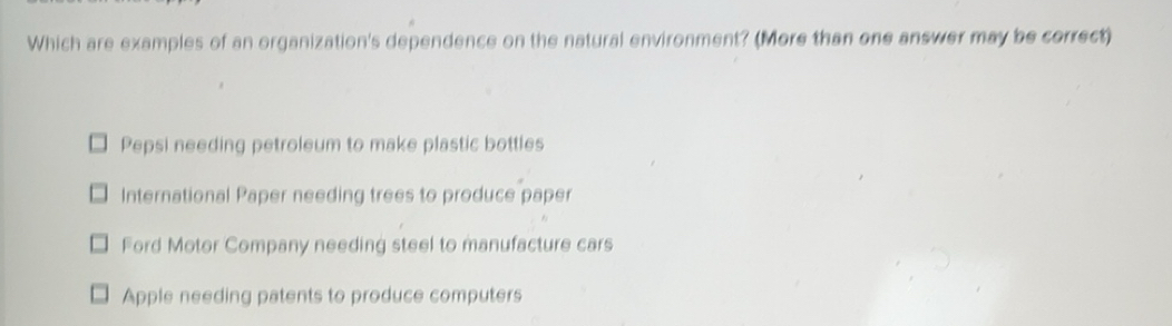 Solved: Which are examples of an organization's dependence on the ...