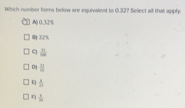 Solved: Which number forms below are equivalent to 0.32? Select all ...