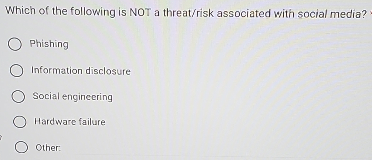 Solved: Which of the following is NOT a threat/risk associated with ...