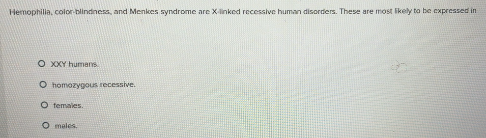Solved: Hemophilia, color-blindness, and Menkes syndrome are X -linked ...