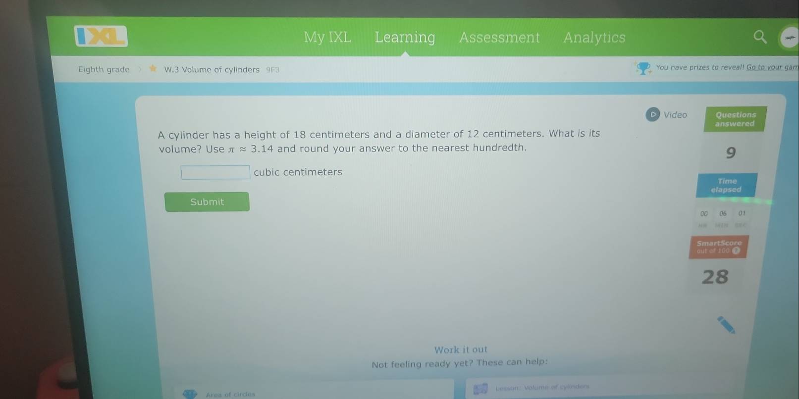 Solved: Learning Assessment Analytics My IXL Eighth grade W.3 Volume of ...