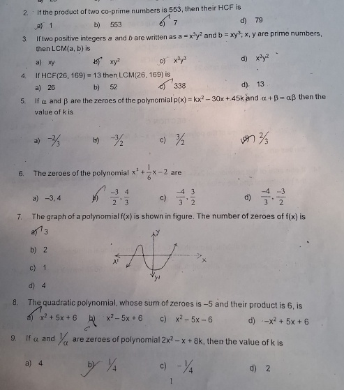 Solved: · If the product of two co-prime numbers is 553, then their HCF is a 1 b) 553 6 7 d) 79 ...