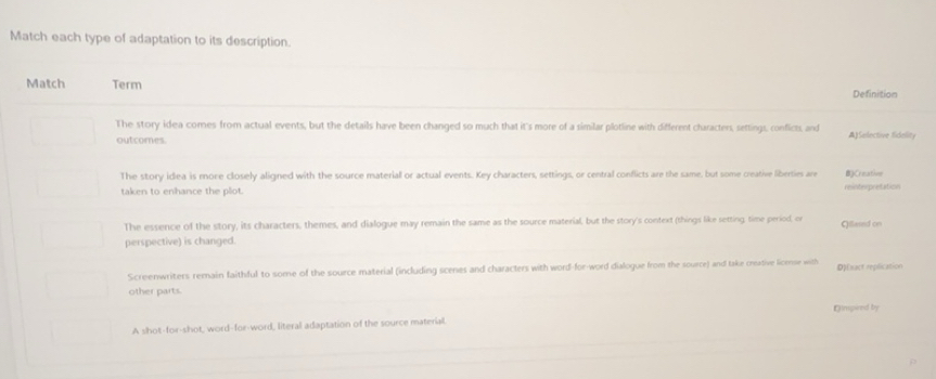 Solved: Match each type of adaptation to its description. Match Term Definition The story idea ...