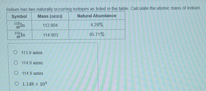 Solved: Indium has two naturally occurring isotopes as listed in the ...