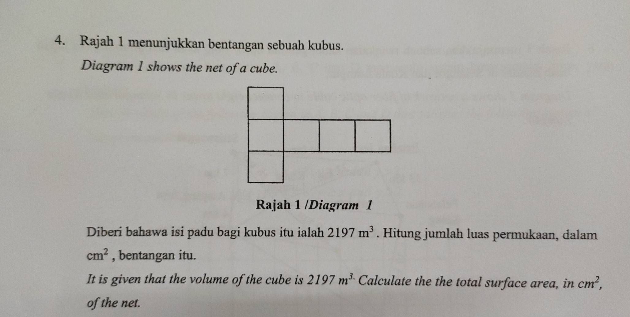 Selesai:Rajah 1 menunjukkan bentangan sebuah kubus. Diagram 1 shows the ...