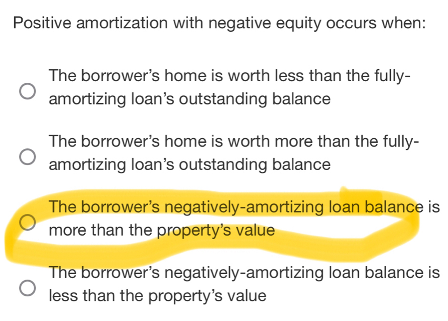 Solved: Positive amortization with negative equity occurs when: The ...