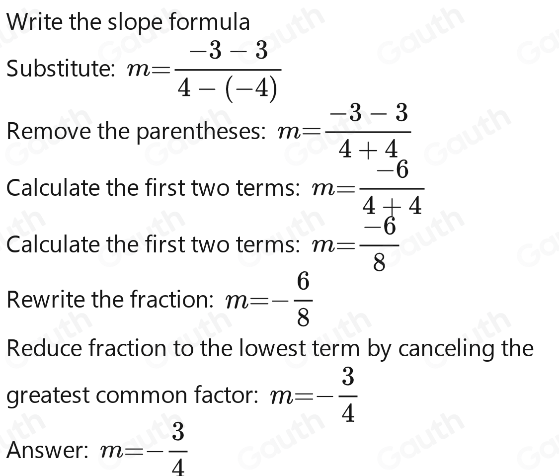 Resuelto:Calculate Slope of (-4,3) y (4,-3)