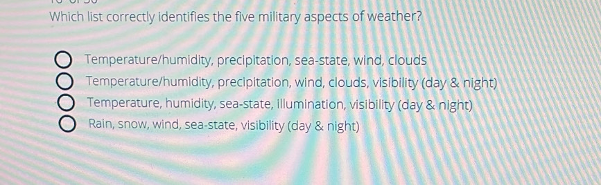 Solved: Which list correctly identifies the five military aspects of ...