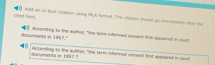 Solved: cited text. Add an in-text citation using MLA format. The ...