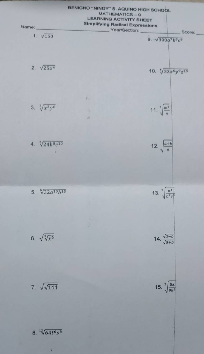 Solved: BENIGNO “NINOY” S. AQUINO HIGH SCHOOL MATHEMATICS - 9 LEARNING ...
