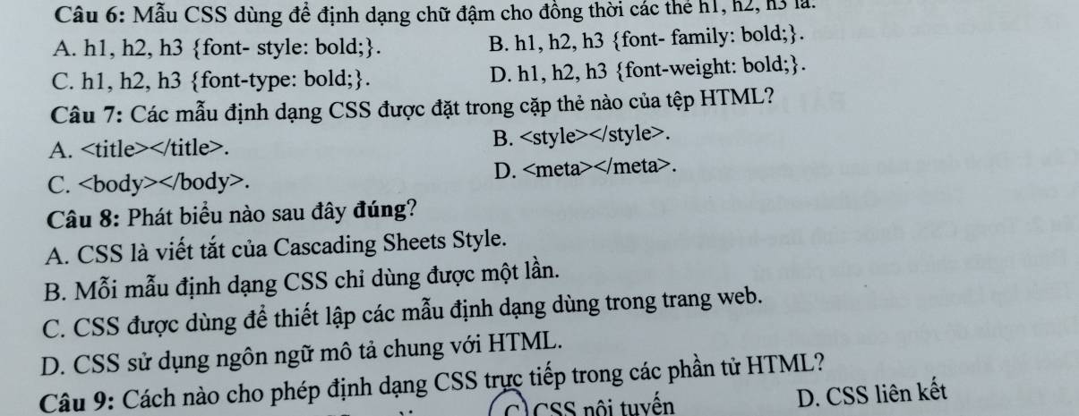 Giải quyết:Mẫu CSS dùng để định dạng chữ đậm cho đồng thời các thẻ h1 ...