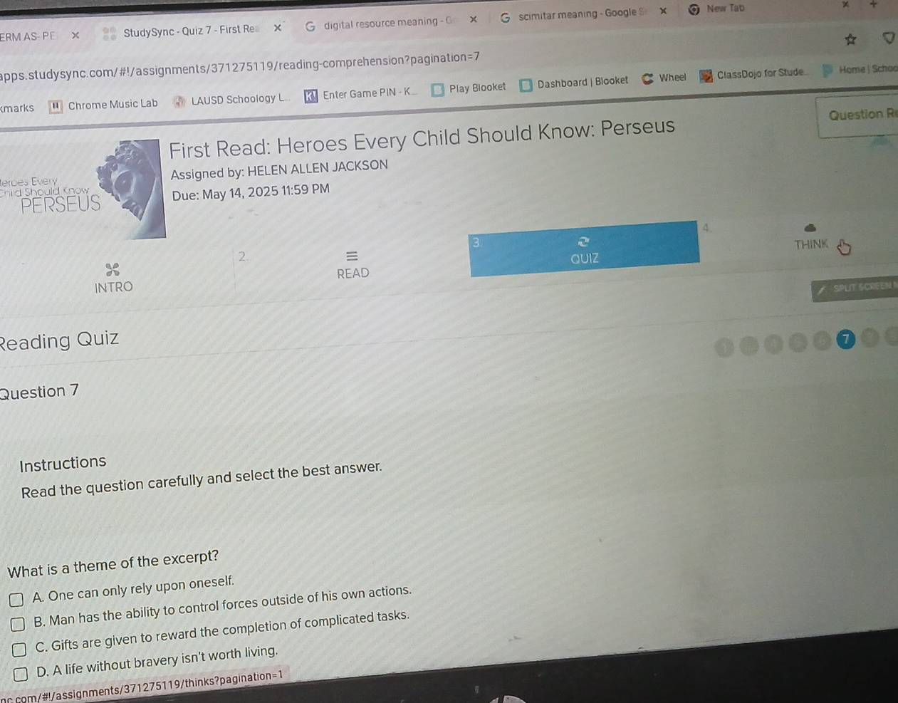 Solved: ERM AS-PE StudySync - Quiz 7 - First Rea digital resource ...