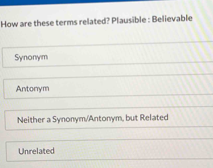 Solved: How are these terms related? Plausible : Believable Synonym ...