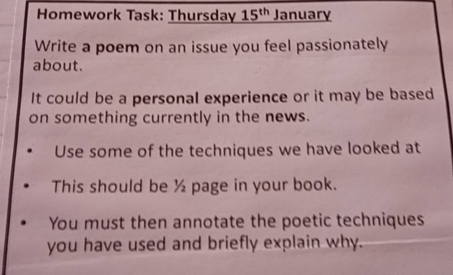 Solved: Homework Task: Thursday 15^(th) January Write a poem on an ...