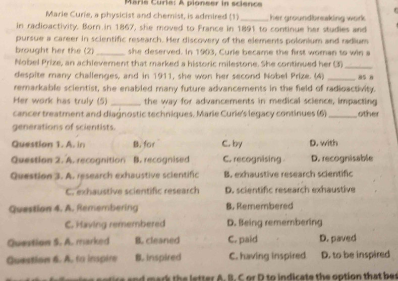 Giải quyết:Marie Curie: A pioneer in science . Marie Curie, a physicist ...