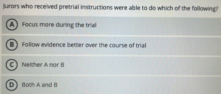 Solved: Jurors who received pretrial instructions were able to do which ...
