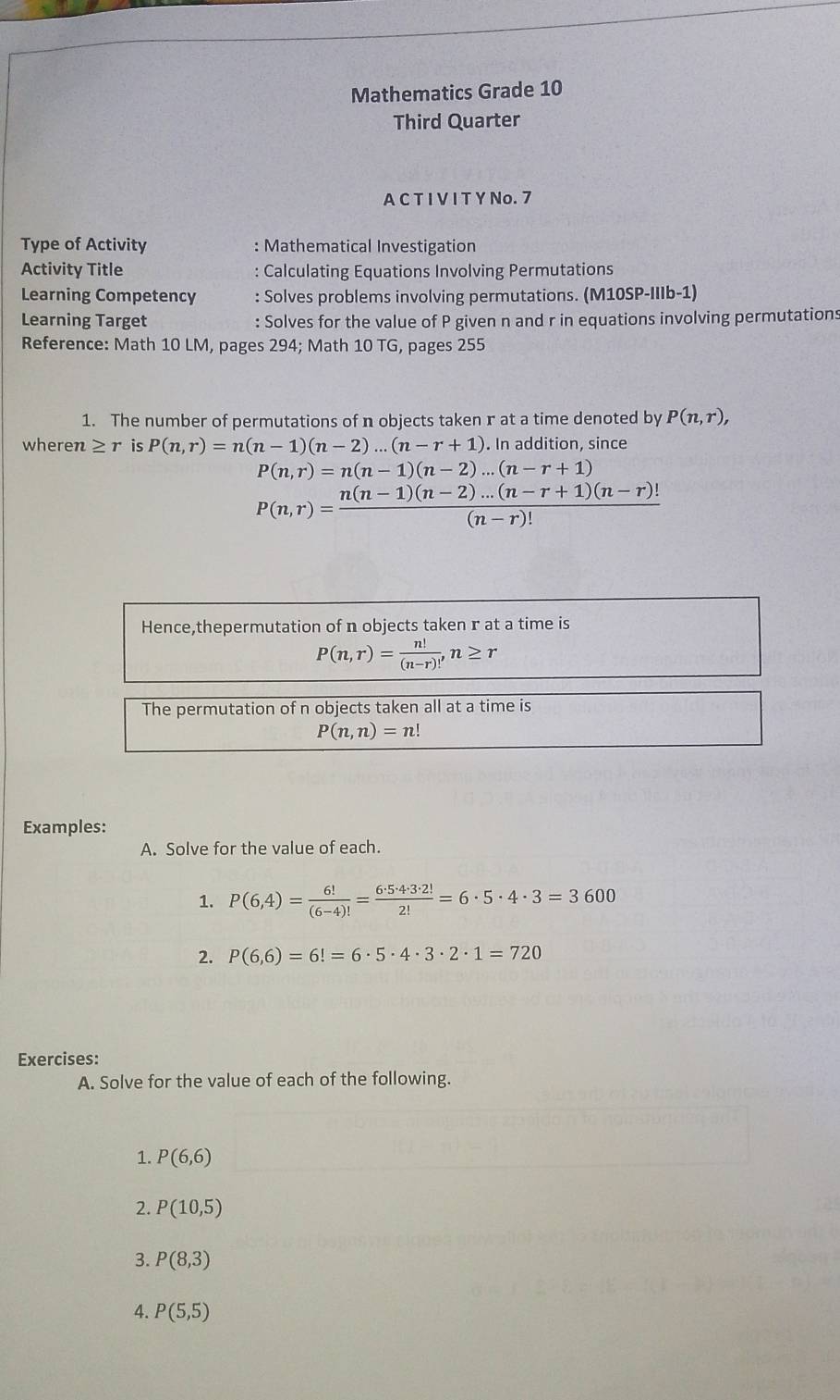Solved: Mathematics Grade 10 Third Quarter A C T I V I T Y No. 7 Type ...