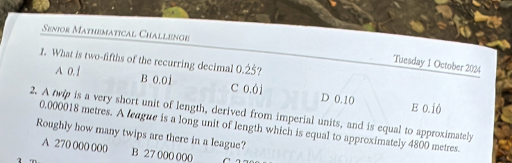 Solved: Senior Mathematical Challenge 1. What is two-fifths of the ...