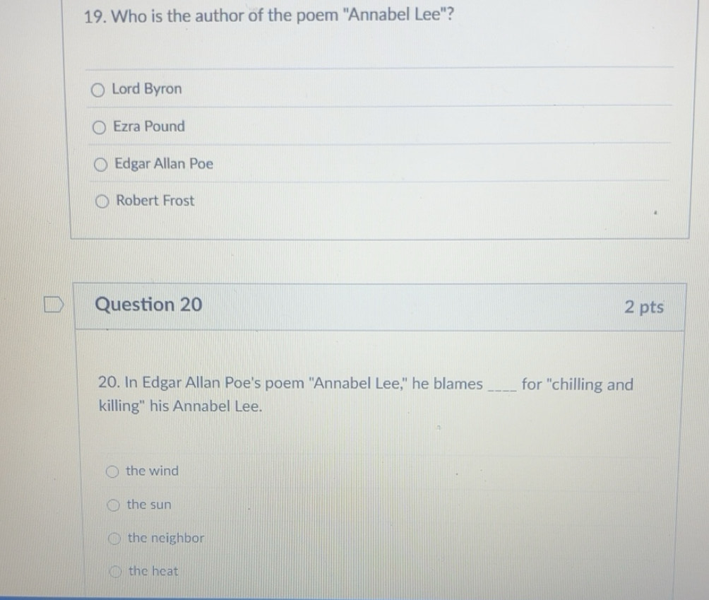 Solved: Who is the author of the poem 'Annabel Lee'? Lord Byron Ezra ...