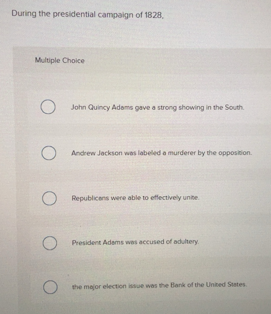 Solved: During the presidential campaign of 1828, Multiple Choice John ...