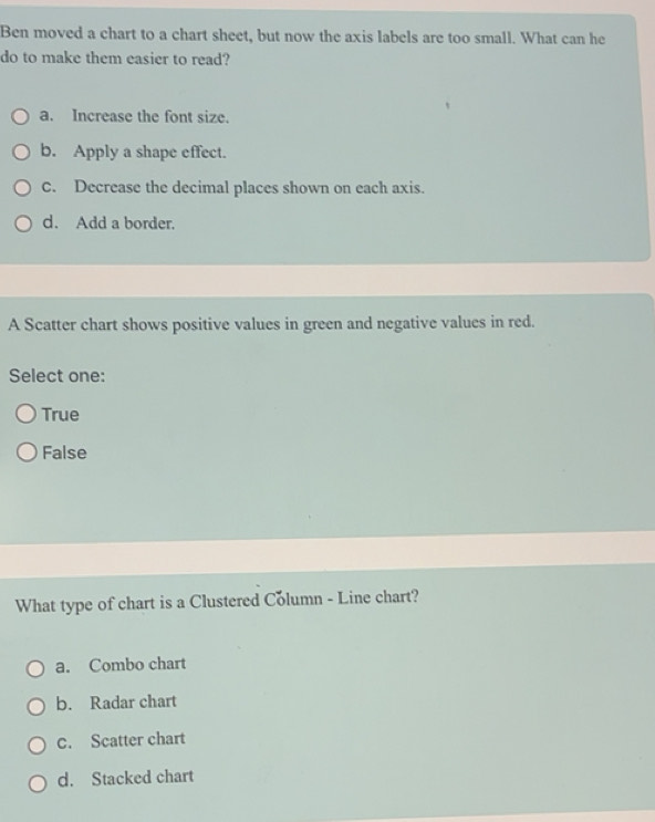 Solved: Ben moved a chart to a chart sheet, but now the axis labels are ...