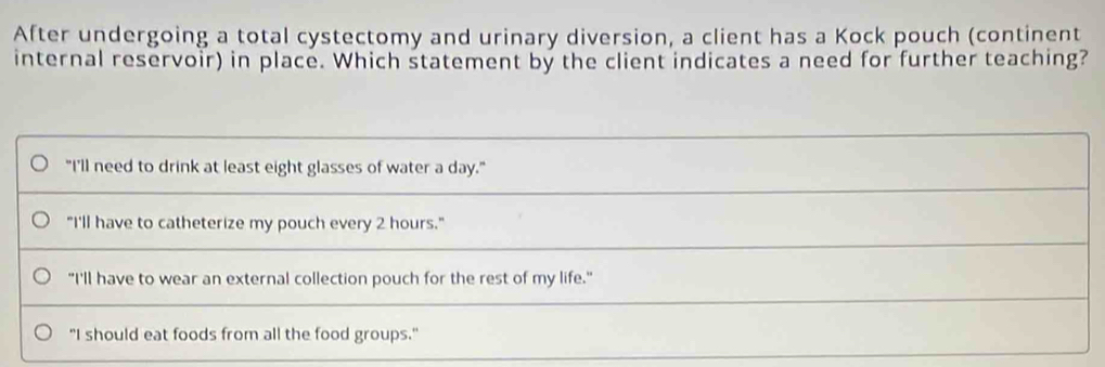 Solved: After undergoing a total cystectomy and urinary diversion, a ...