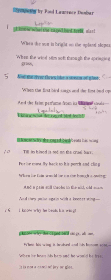 Solved: Sympathy by Paul Laurence Dunbar I know what the caged bird ...