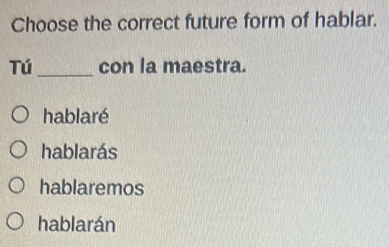 Solved: Choose the correct future form of hablar. Tú _con la maestra ...