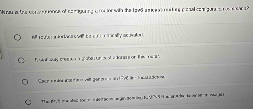 Giải quyết:What is the consequence of configuring a router with the ipv6 unicast-routing global ...