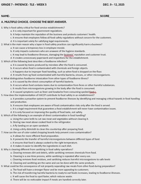Solved: GRADE 7 - PATIENCE - TLE - WEEK 5 DEC. 9- 12. 2025 NAME: SCORE ...