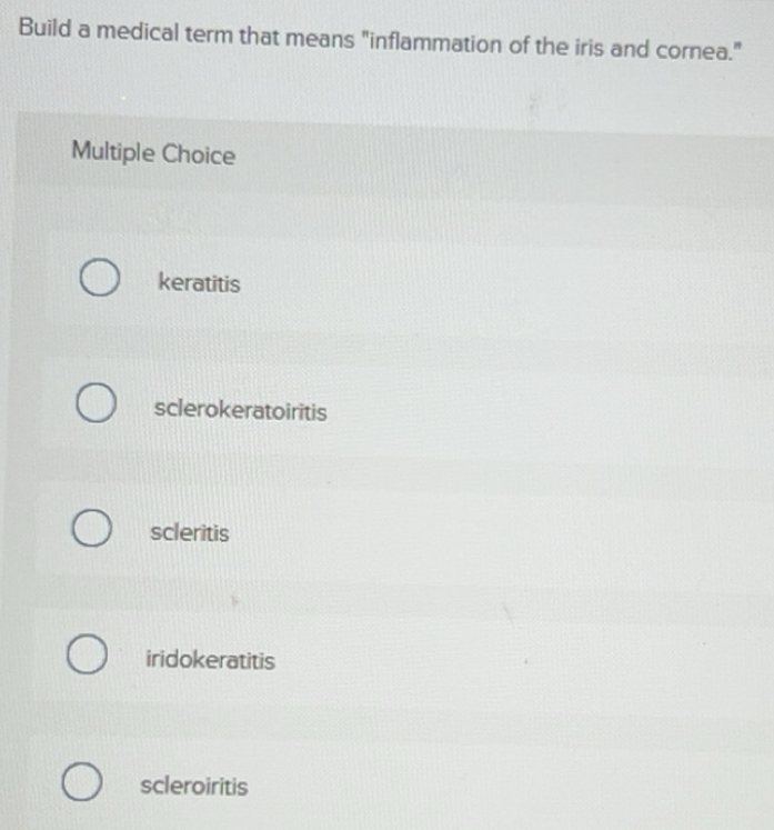 Solved: Build a medical term that means "inflammation of the iris and ...